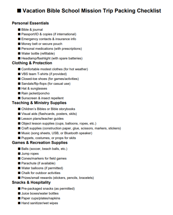 Vacation Bible School Mission Packing List - Shepherd to Shepherd