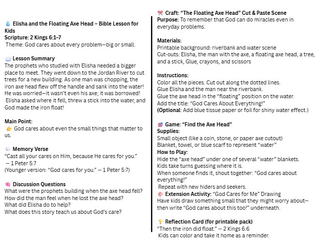 Elisha and the Floating Axe Head: Lesson & Activity - Shepherd to Shepherd